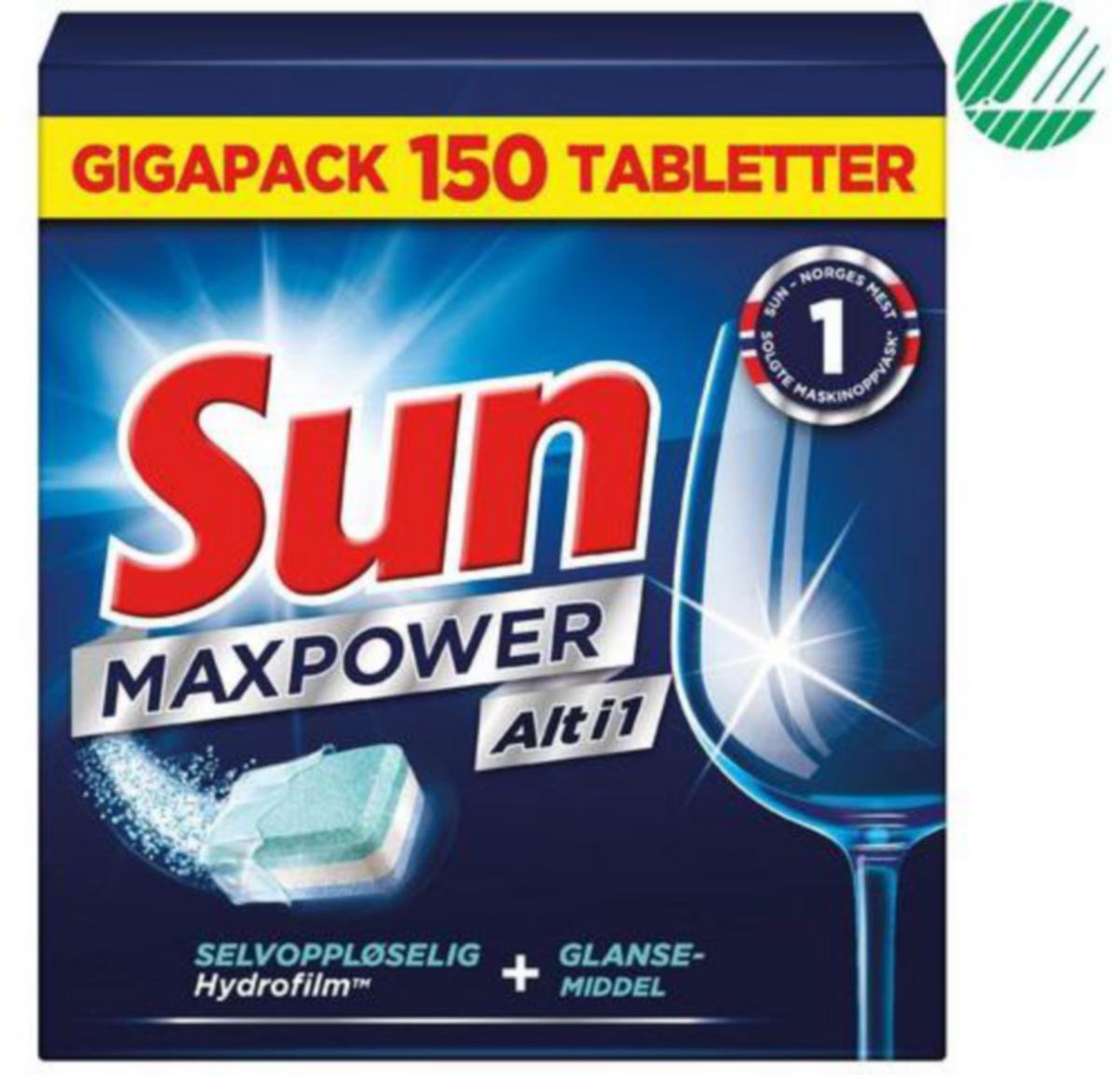 Maskinoppvask alt i 1 sun max power 150pk - maskinoppvask...